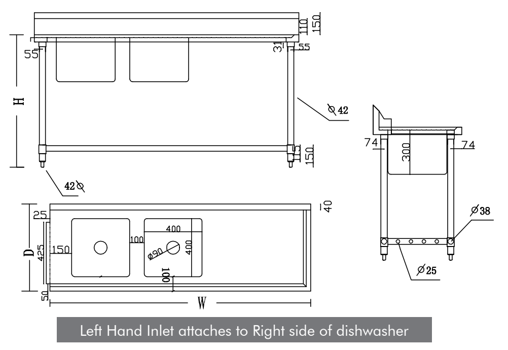 FED Left Inlet Double Sink Dishwasher Bench DSBD7-2400L/A