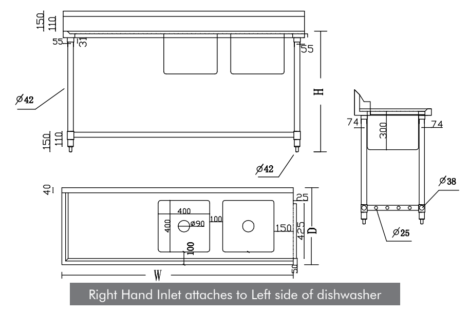 FED Right Inlet Double Sink Dishwasher Bench DSBD7-1500R/A