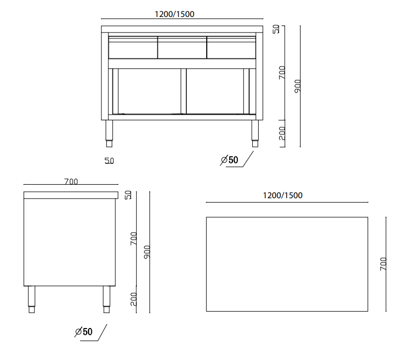 FED Kitchen Tidy Workbench Cabinet w/ Doors & 3 Drawers SKTD-1500